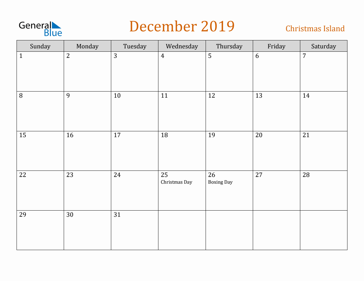 Free December 2019 Christmas Island Calendar