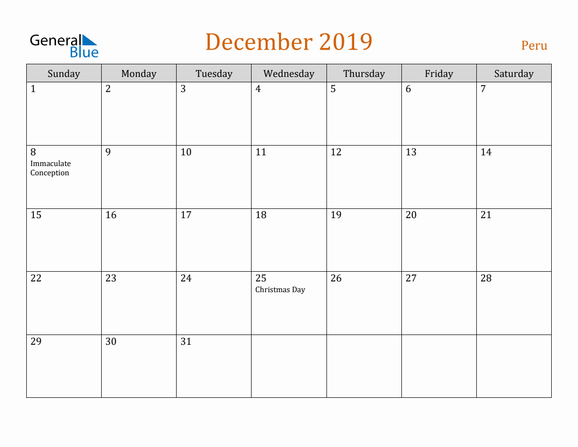 Free December 2019 Peru Calendar