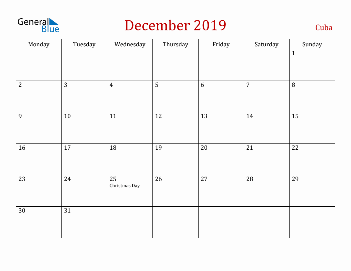 December 2019 Cuba Monthly Calendar with Holidays (Monday Start)
