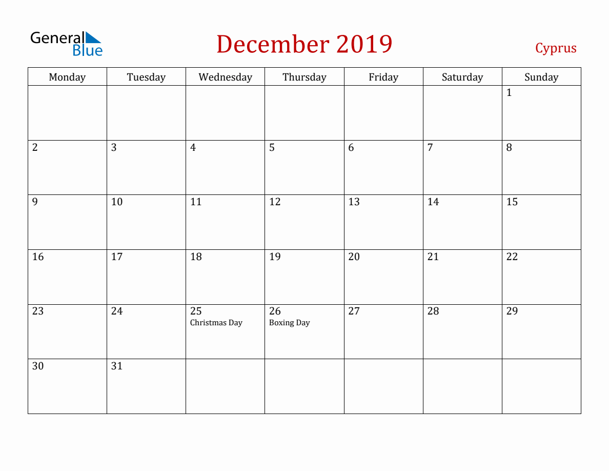 December 2019 Cyprus Monthly Calendar with Holidays (Monday Start)