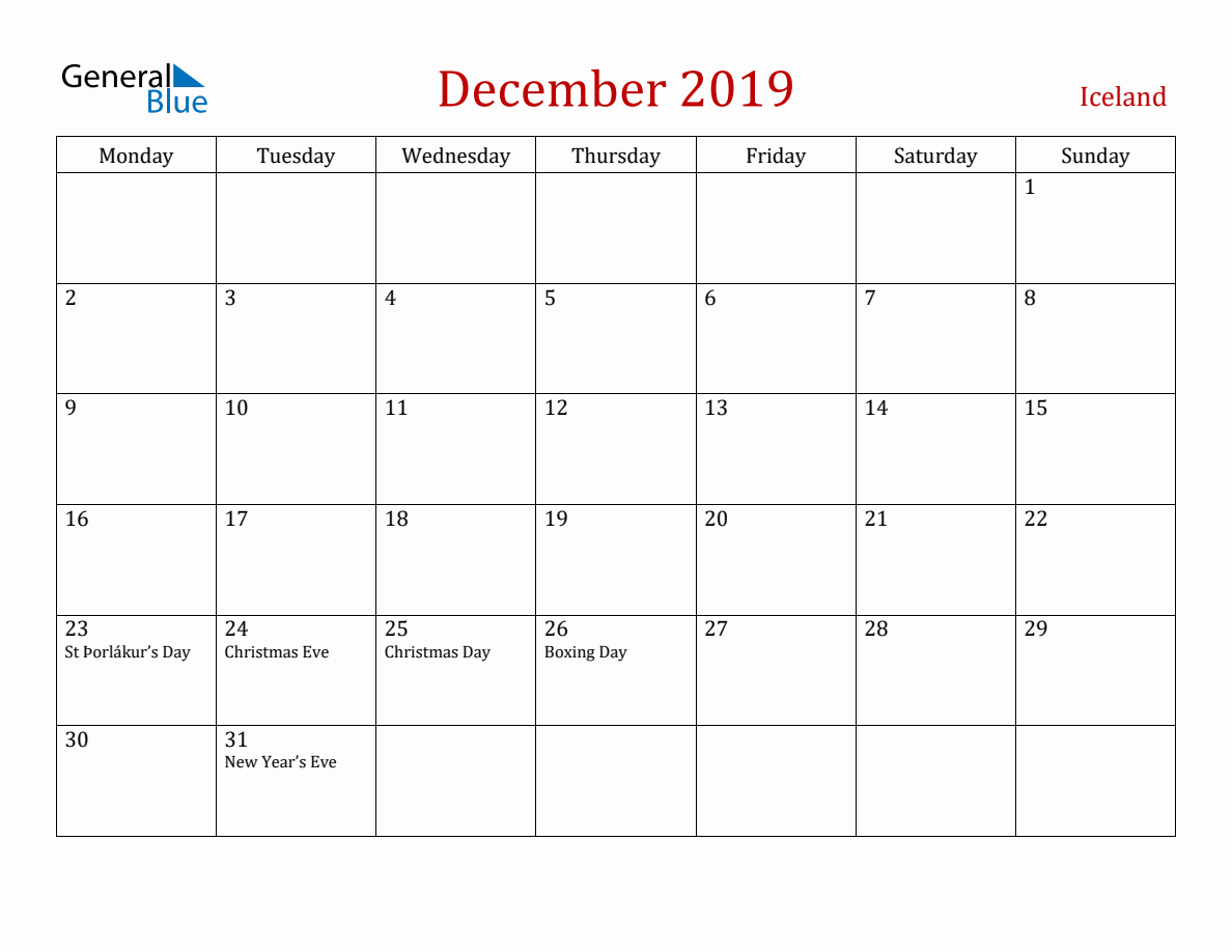 December 2019 Iceland Monthly Calendar with Holidays