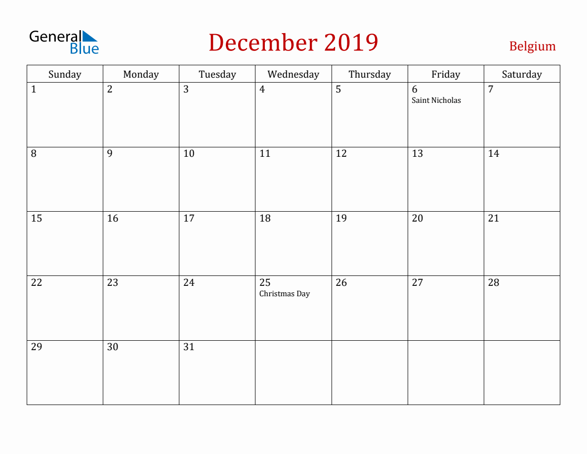 December 2019 Belgium Monthly Calendar with Holidays