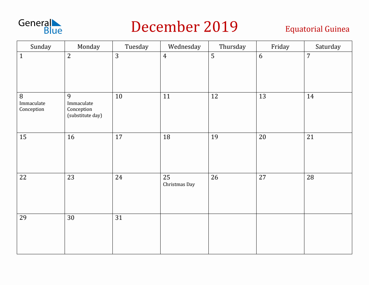 December 2019 Equatorial Guinea Monthly Calendar with Holidays