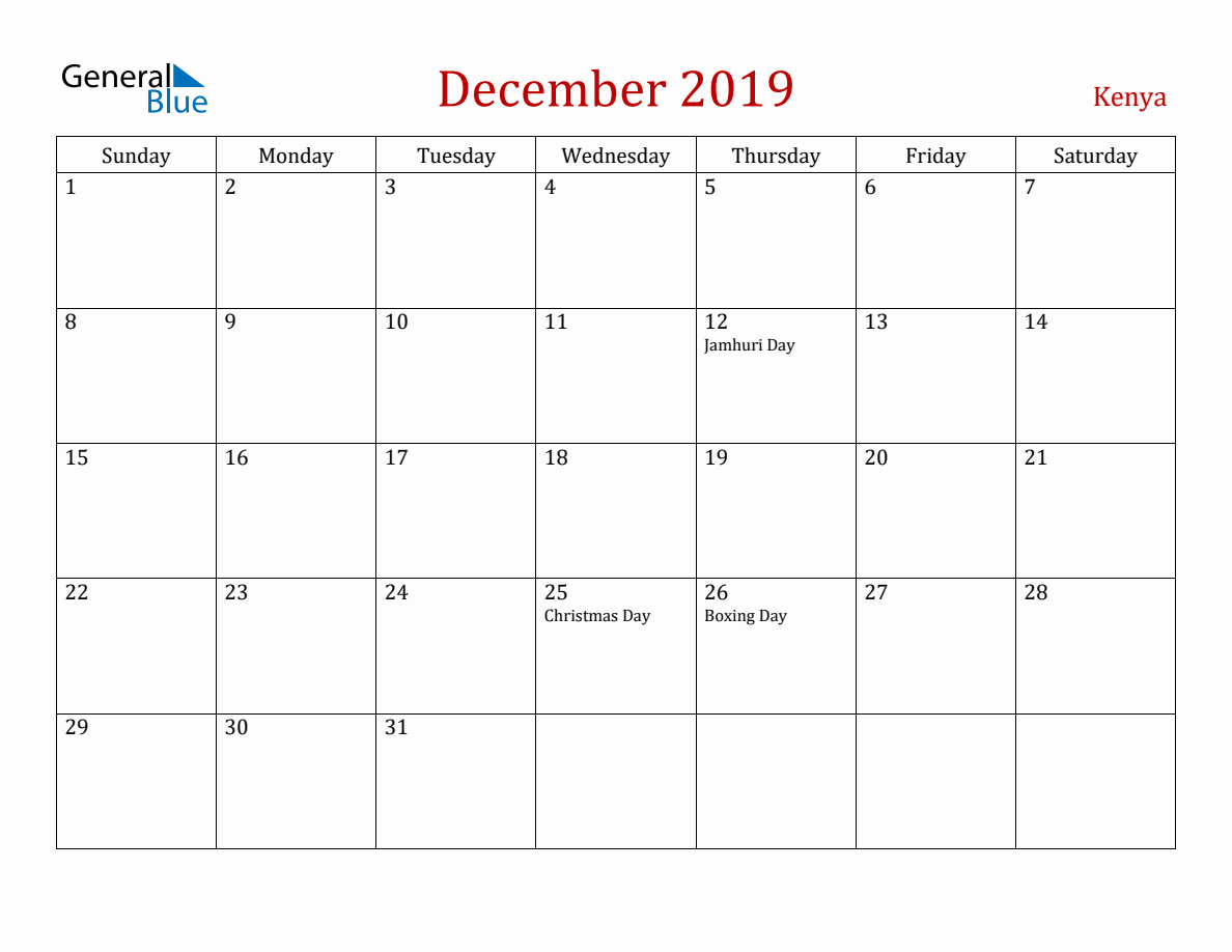 December 2019 Kenya Monthly Calendar with Holidays