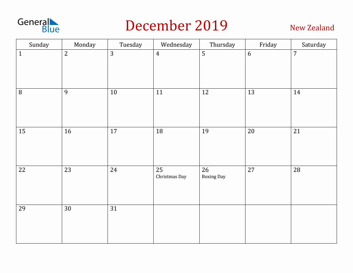 December 2019 New Zealand Monthly Calendar with Holidays
