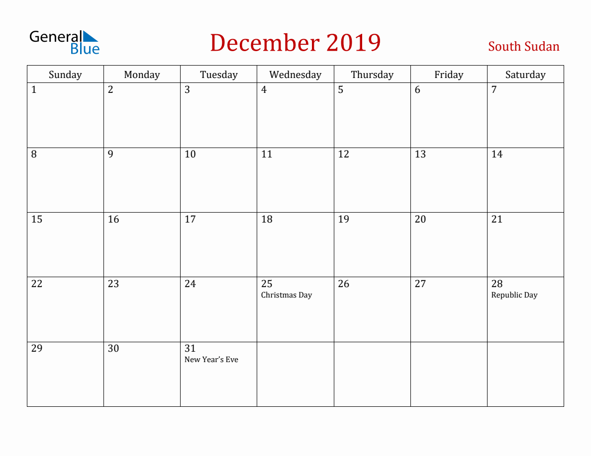 December 2019 South Sudan Monthly Calendar with Holidays
