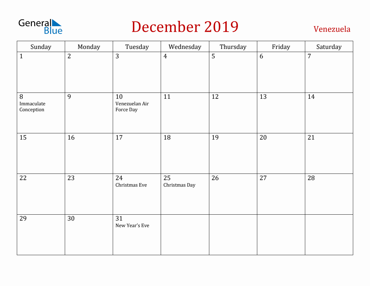 December 2019 Venezuela Monthly Calendar with Holidays