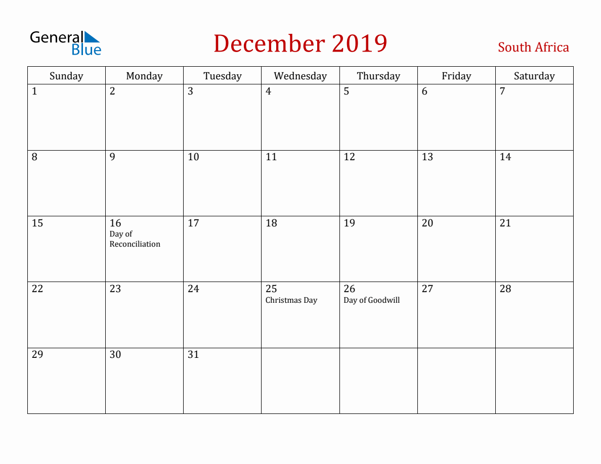 December 2019 South Africa Monthly Calendar with Holidays