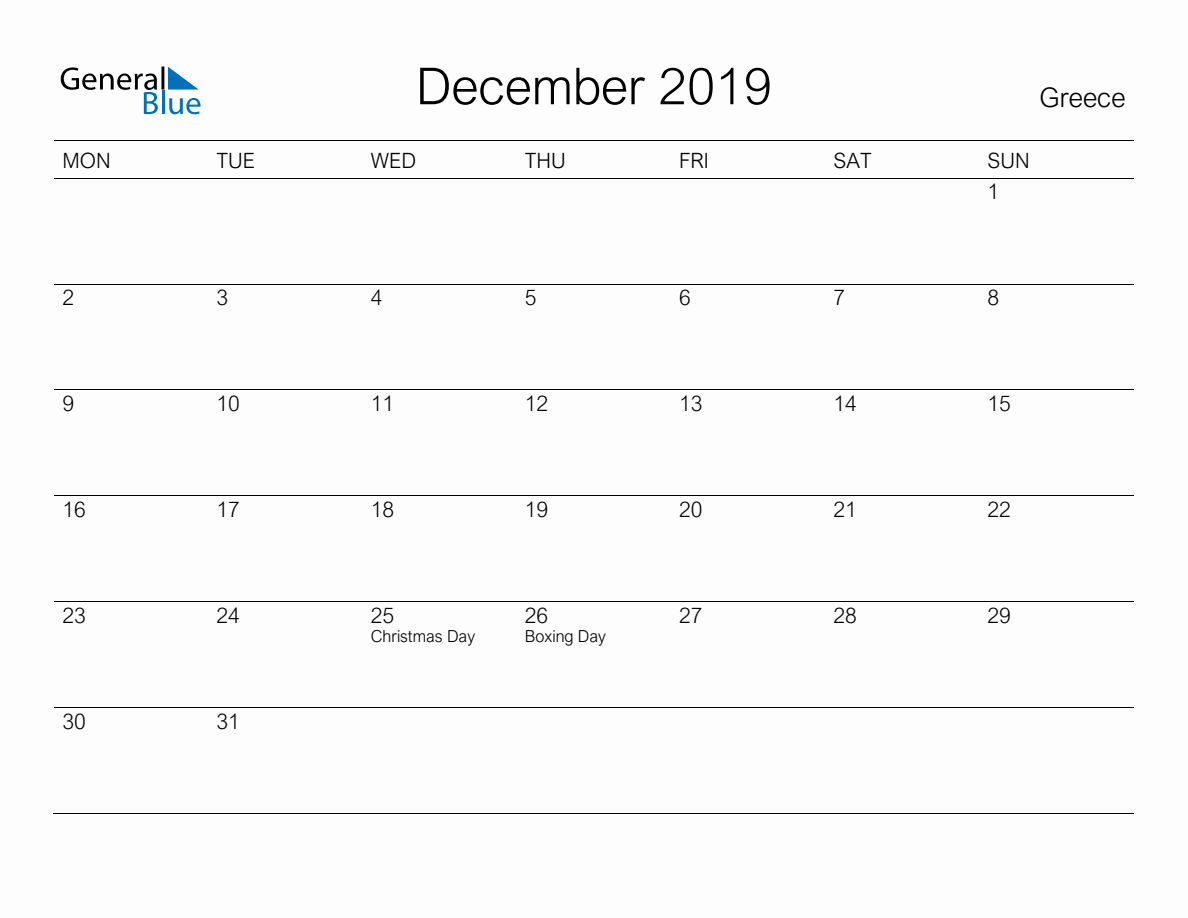 Printable December 2019 Monthly Calendar with Holidays for Greece ...