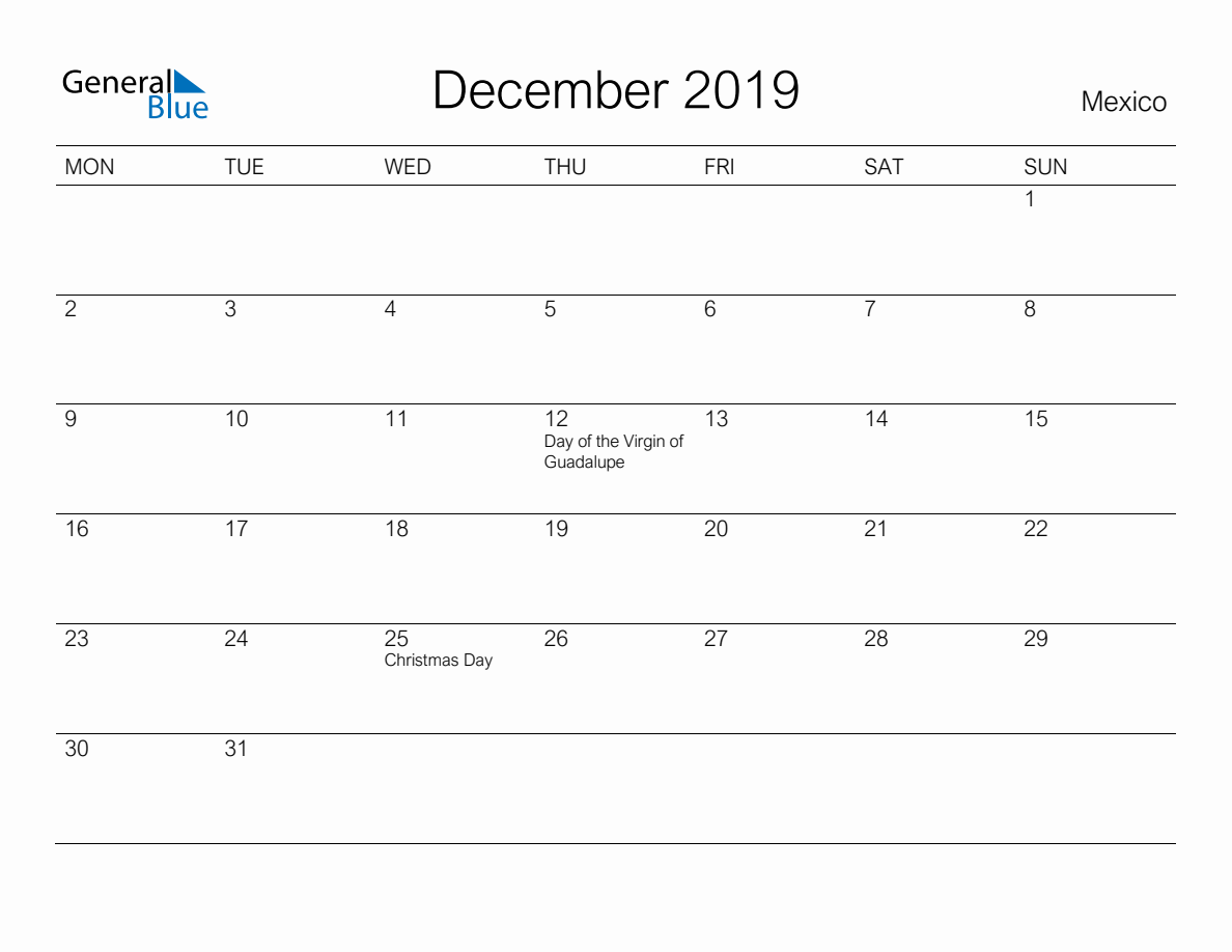 Printable December 2019 Monthly Calendar with Holidays for Mexico ...