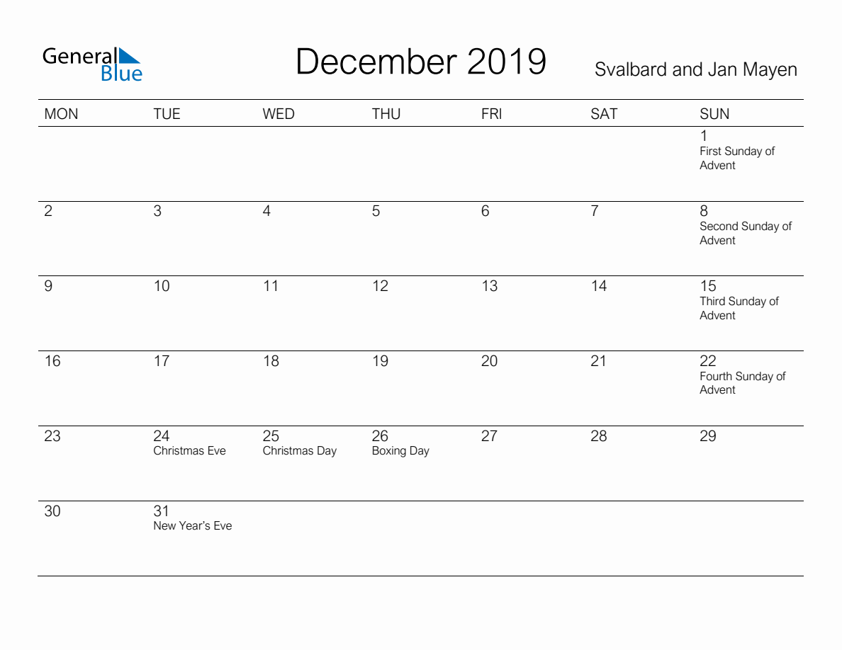 Printable December 2019 Monthly Calendar with Holidays for Svalbard and ...
