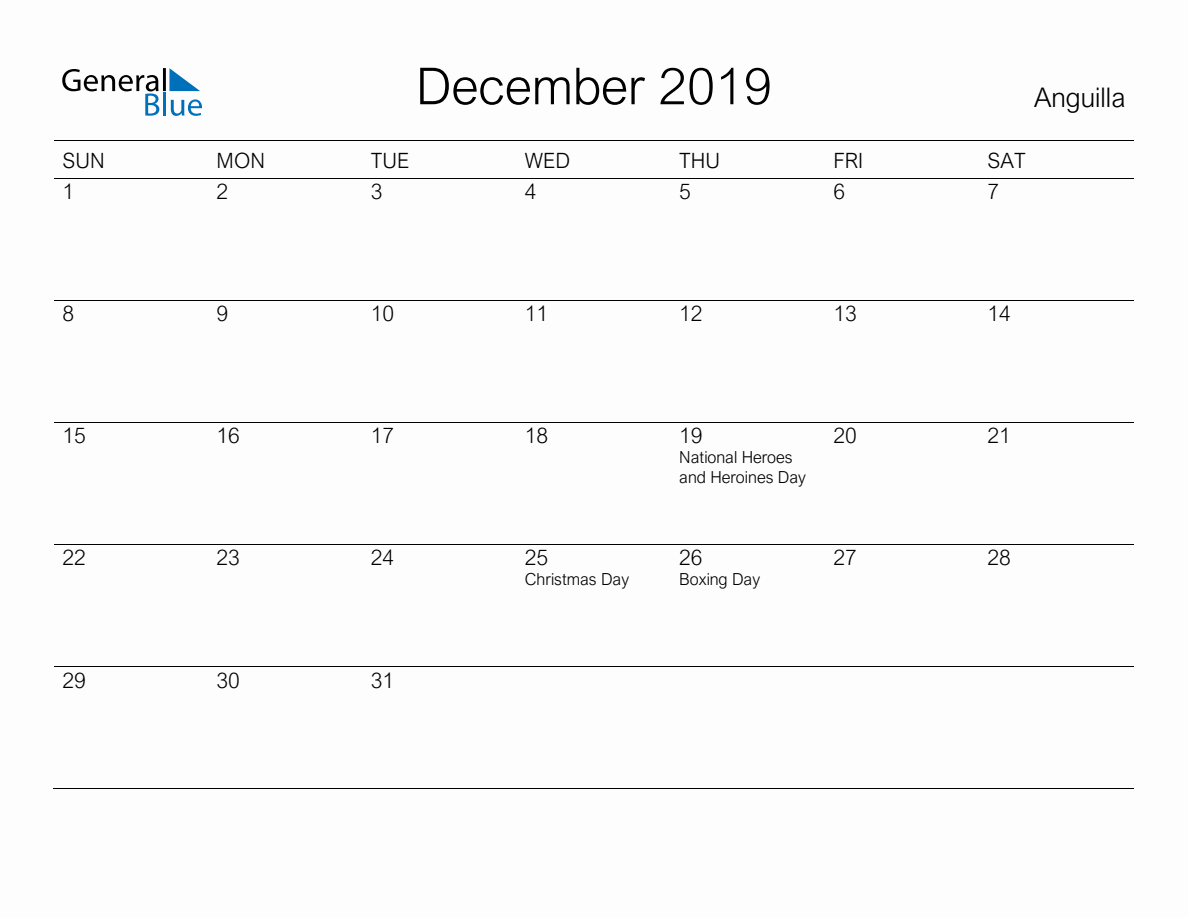 Printable December 2019 Monthly Calendar with Holidays for Anguilla