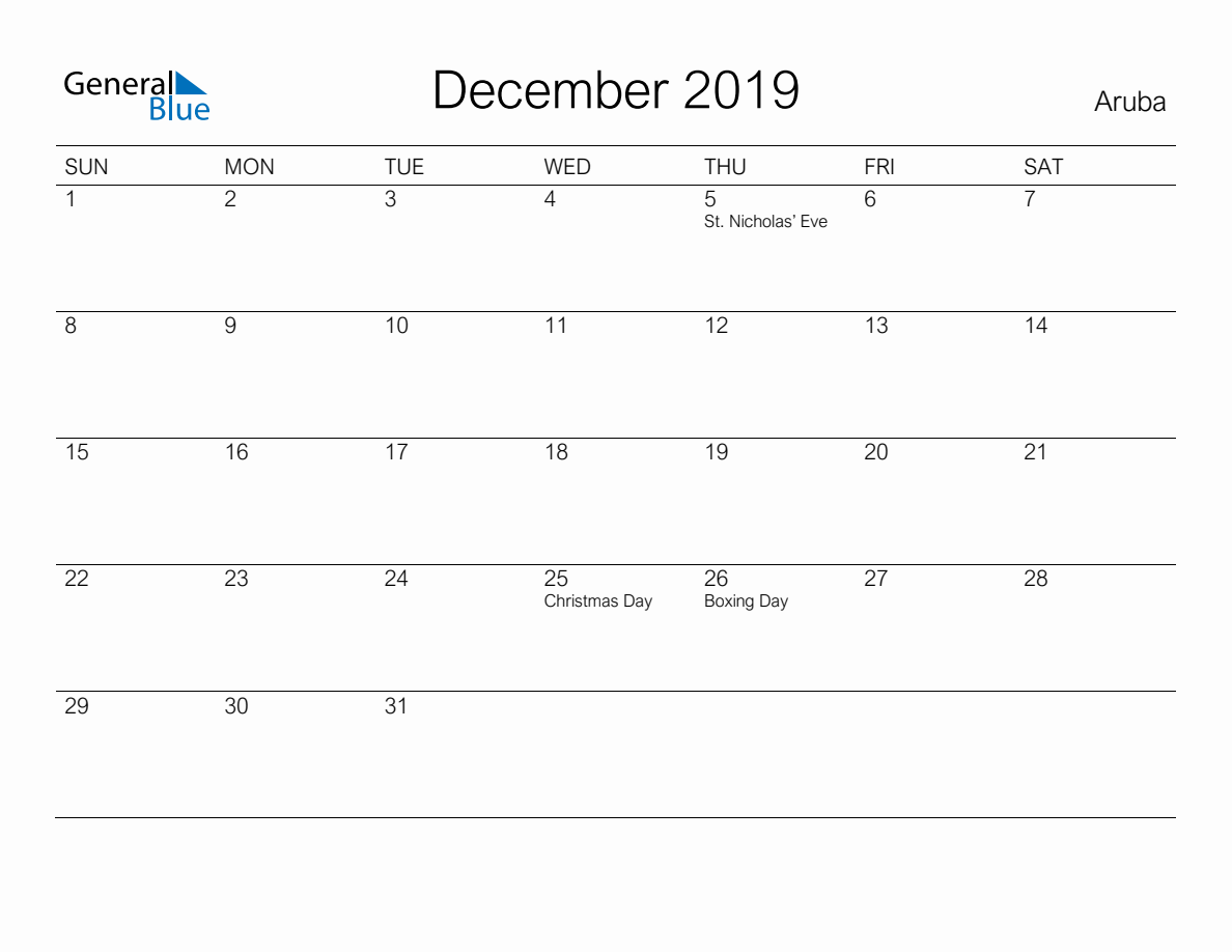 Printable December 2019 Monthly Calendar with Holidays for Aruba