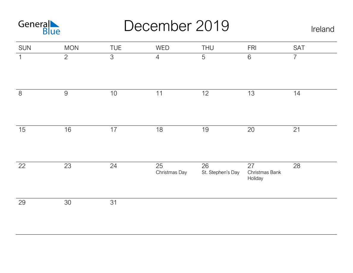 Printable December 2019 Monthly Calendar with Holidays for Ireland