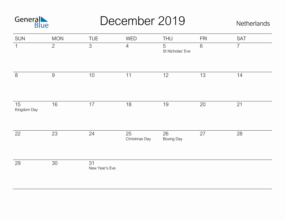 Printable December 2019 Monthly Calendar with Holidays for The Netherlands