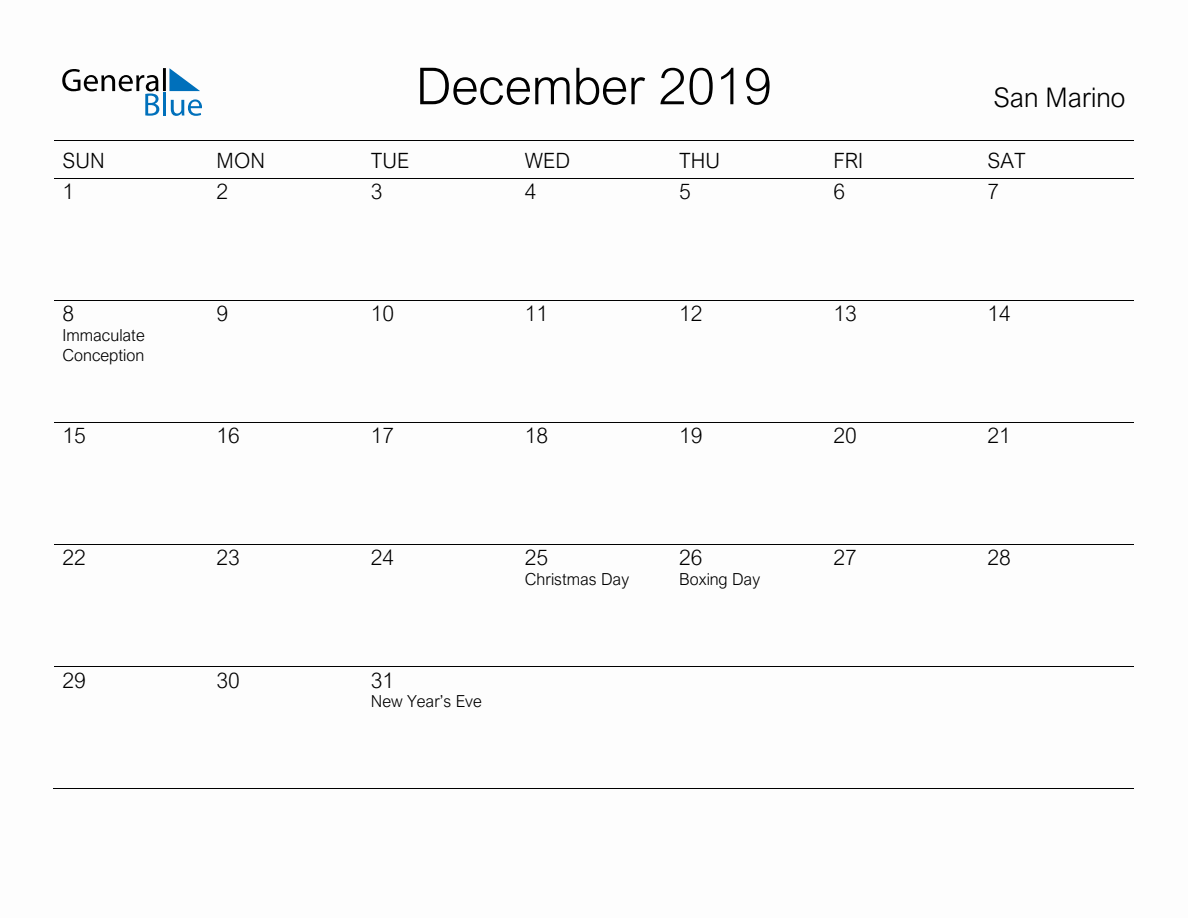 Printable December 2019 Monthly Calendar with Holidays for San Marino