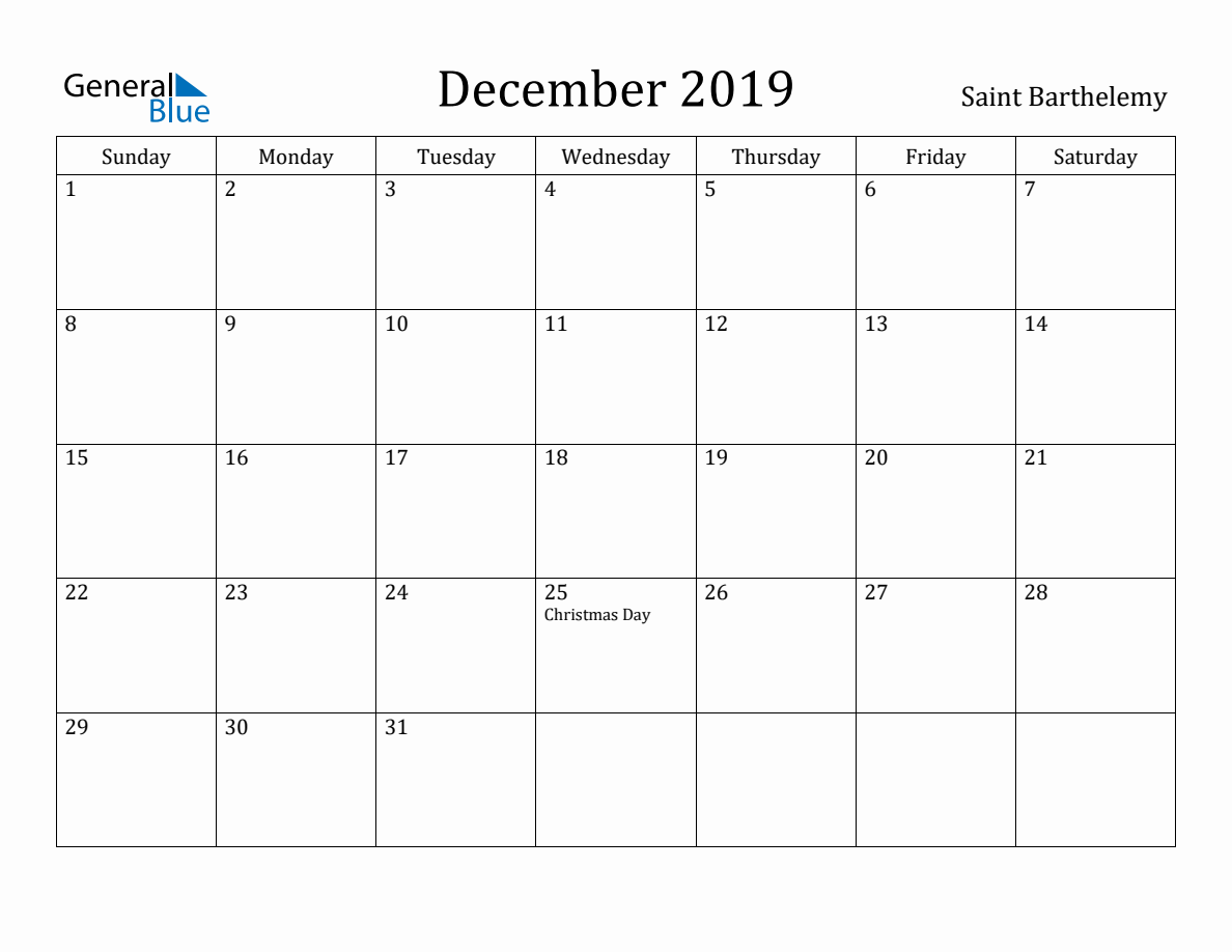 December 2019 Monthly Calendar with Saint Barthelemy Holidays