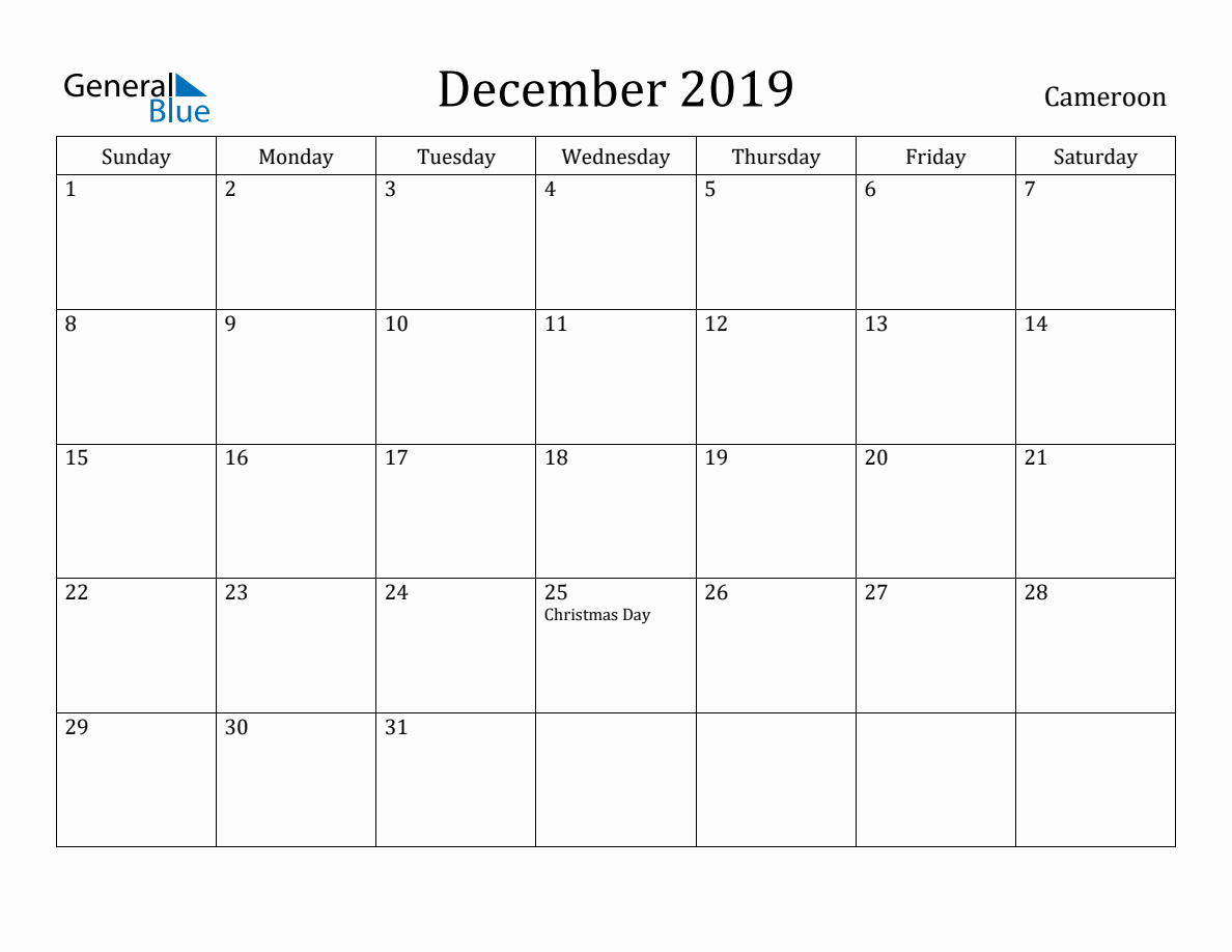 December 2019 Monthly Calendar with Cameroon Holidays