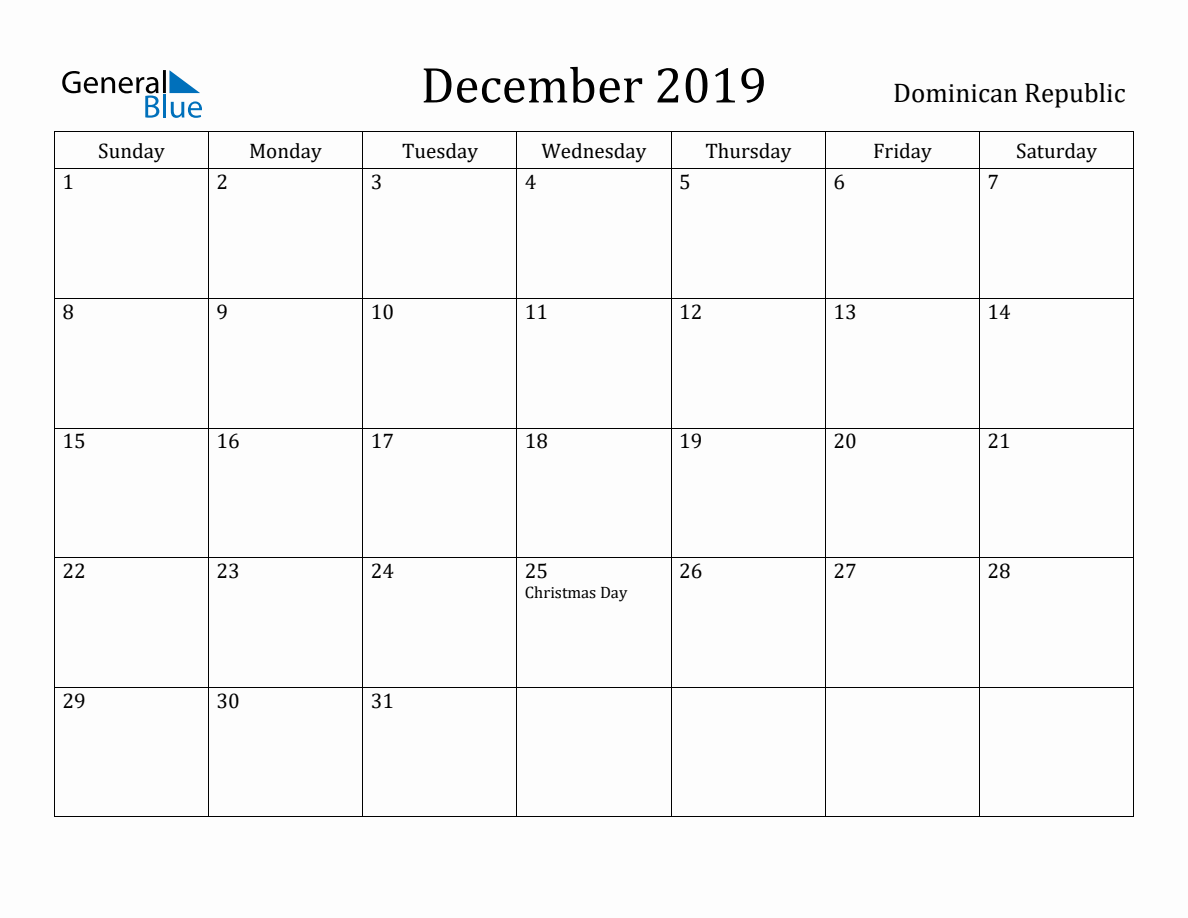 December 2019 Monthly Calendar with Dominican Republic Holidays
