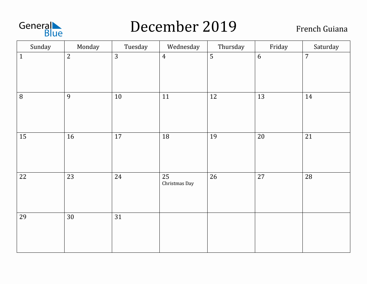 December 2019 Monthly Calendar with French Guiana Holidays
