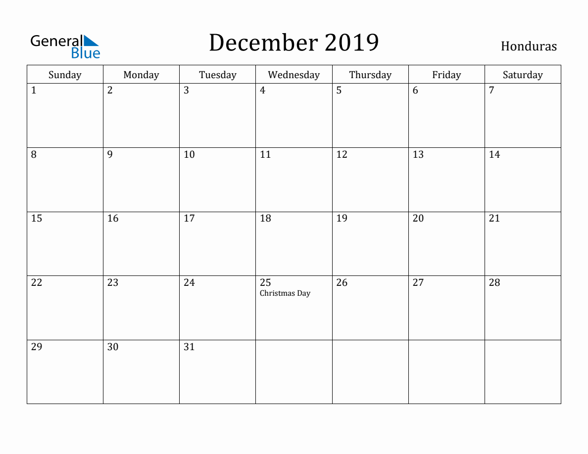 December 2019 Monthly Calendar with Honduras Holidays