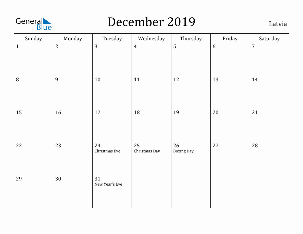 December 2019 Monthly Calendar with Latvia Holidays