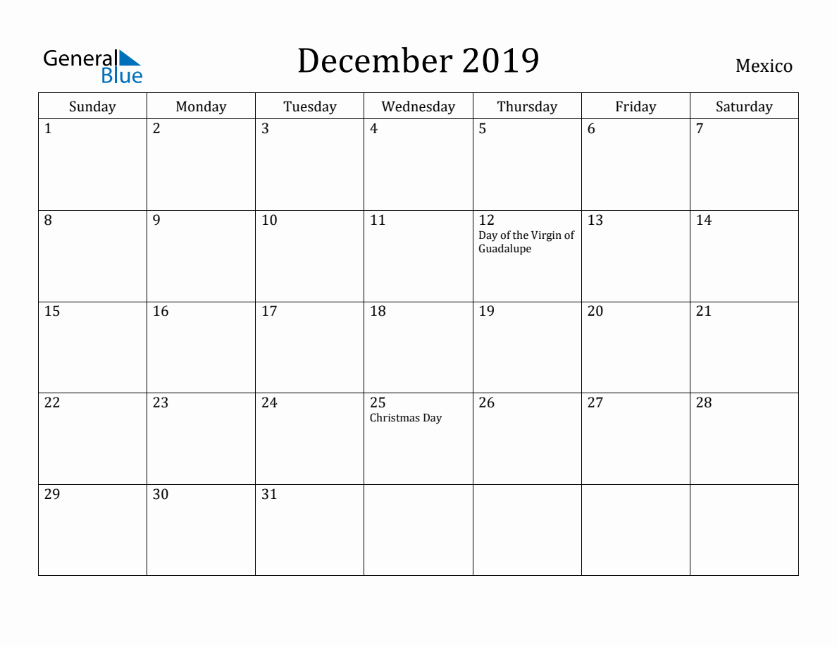 December 2019 Monthly Calendar with Mexico Holidays