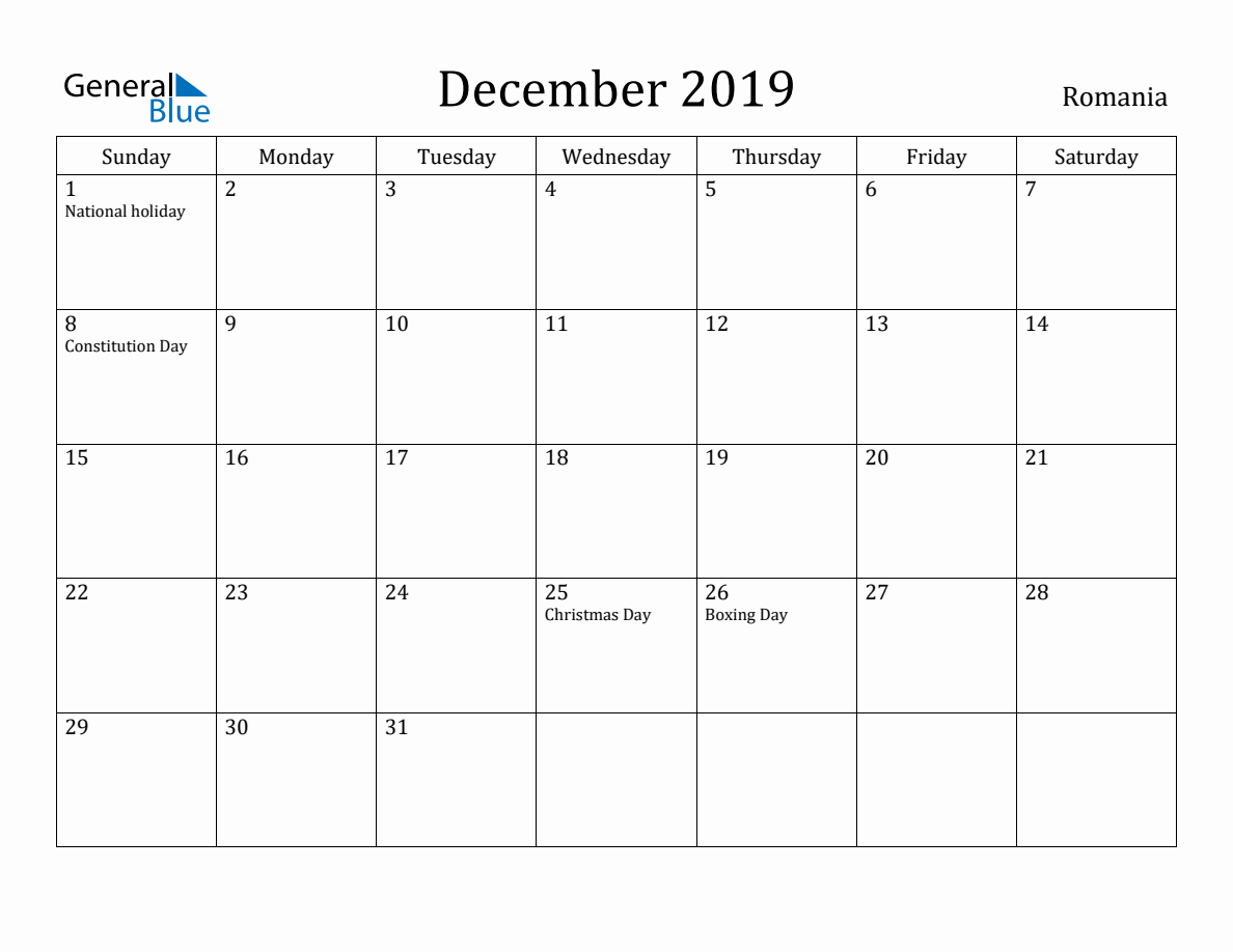 December 2019 Monthly Calendar with Romania Holidays