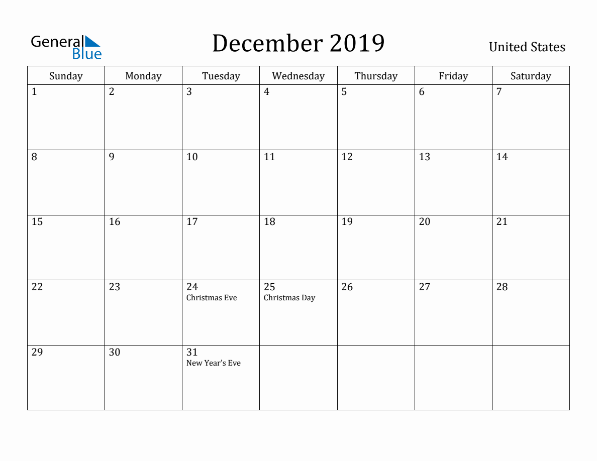 December 2019 Monthly Calendar with United States Holidays