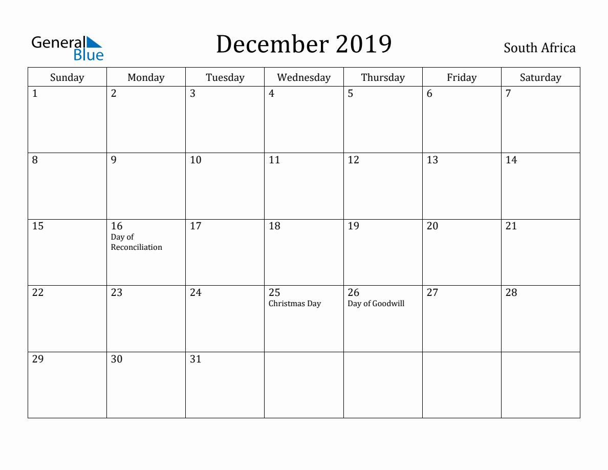 December 2019 Monthly Calendar with South Africa Holidays