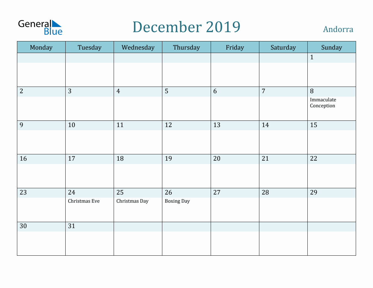 Andorra Holiday Calendar for December 2019