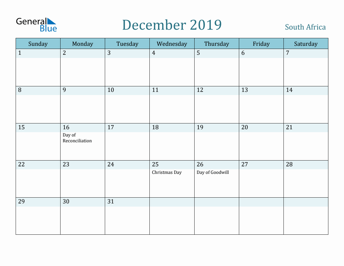 South Africa Holiday Calendar for December 2019