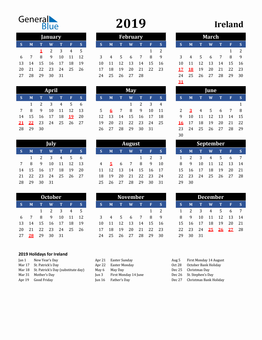 2019 Ireland Holiday Calendar