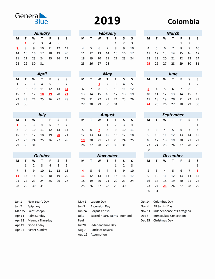 2019 Yearly Calendar for Colombia with Holidays - Monday Start