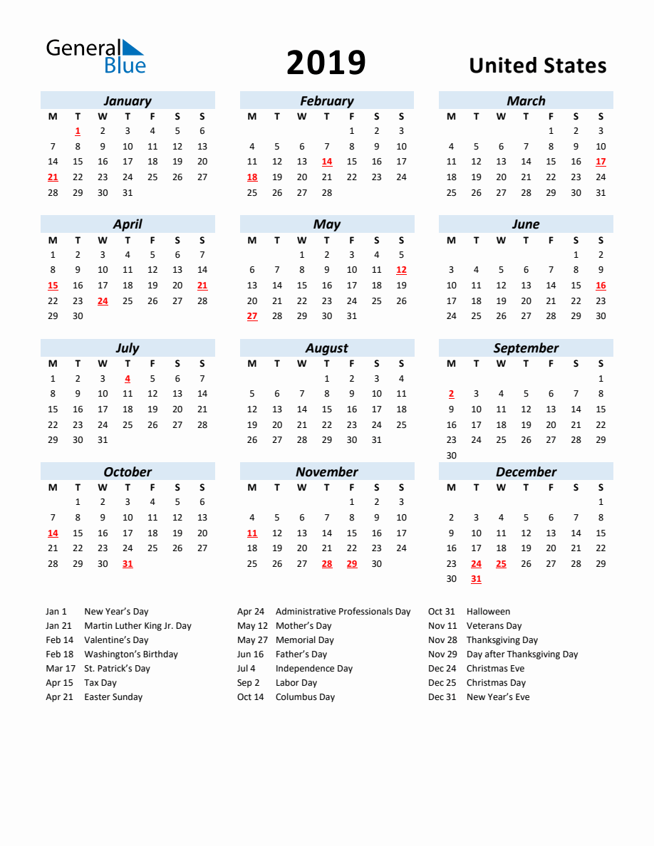 2019 Yearly Calendar for United States with Holidays - Monday Start