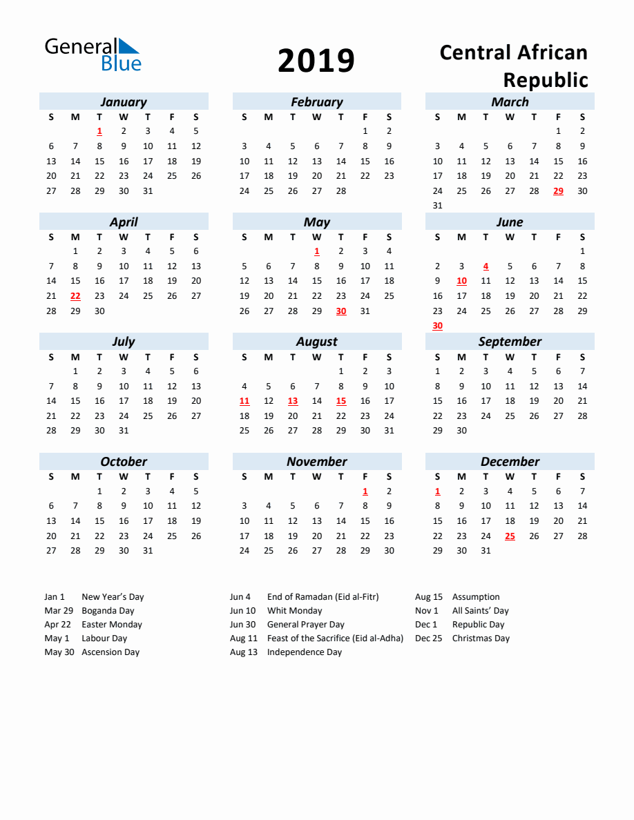 2019 Yearly Calendar for Central African Republic with Holidays