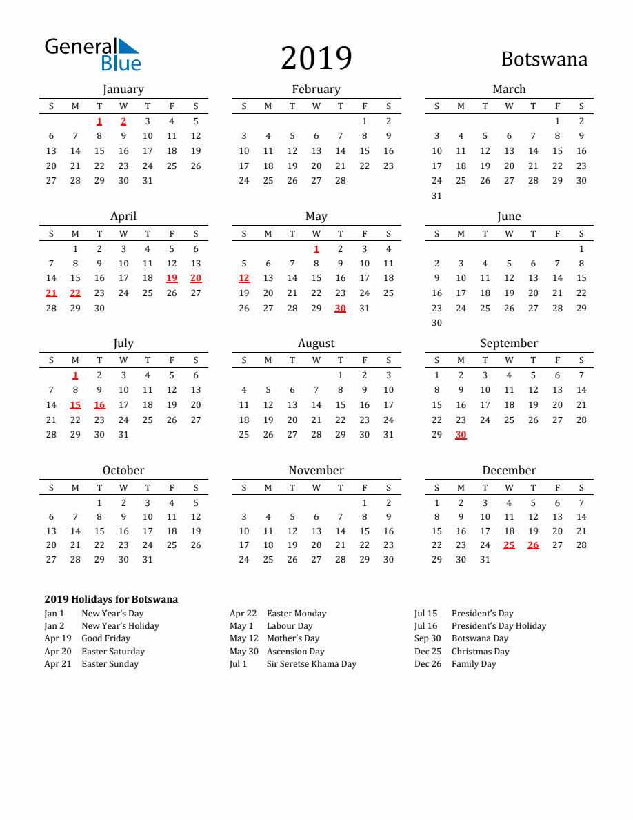 Free Botswana Holidays Calendar for Year 2019