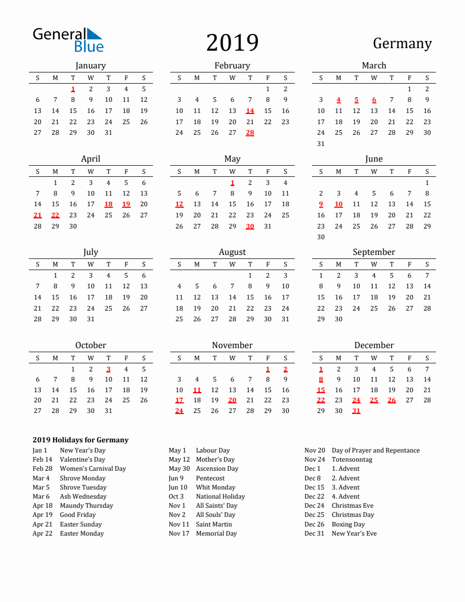 Free Germany Holidays Calendar for Year 2019