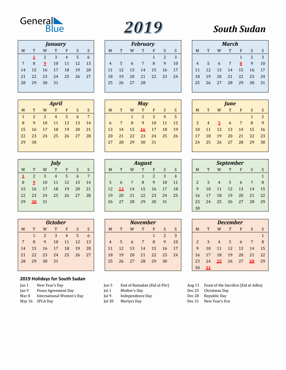 2019 South Sudan Calendar with Monday Start