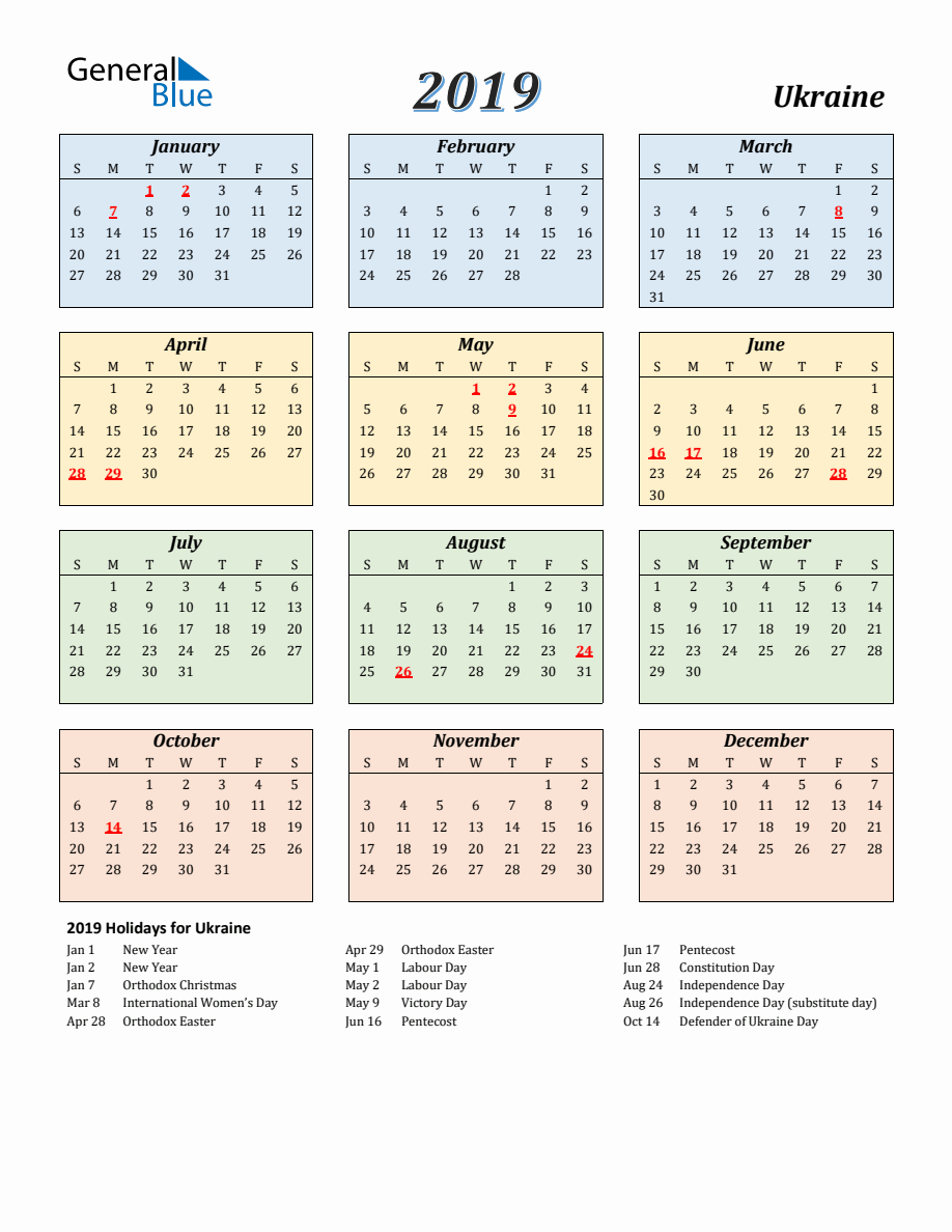 2019 Ukraine Calendar