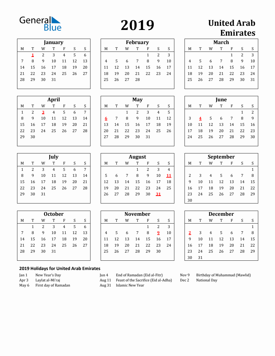 Free Printable 2019 United Arab Emirates Holiday Calendar