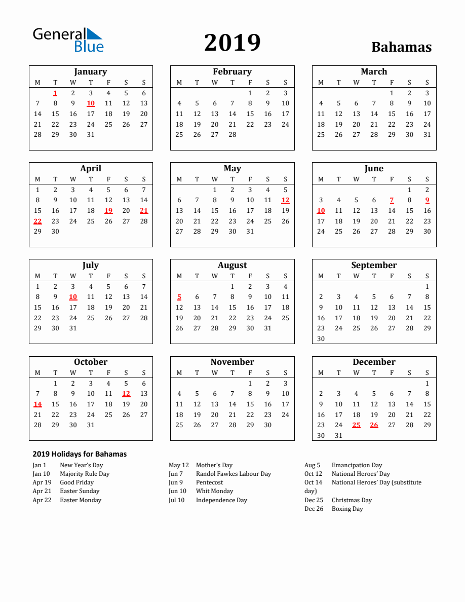 Free Printable 2019 Bahamas Holiday Calendar
