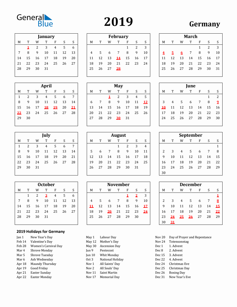 Free Printable 2019 Germany Holiday Calendar - Monday Start