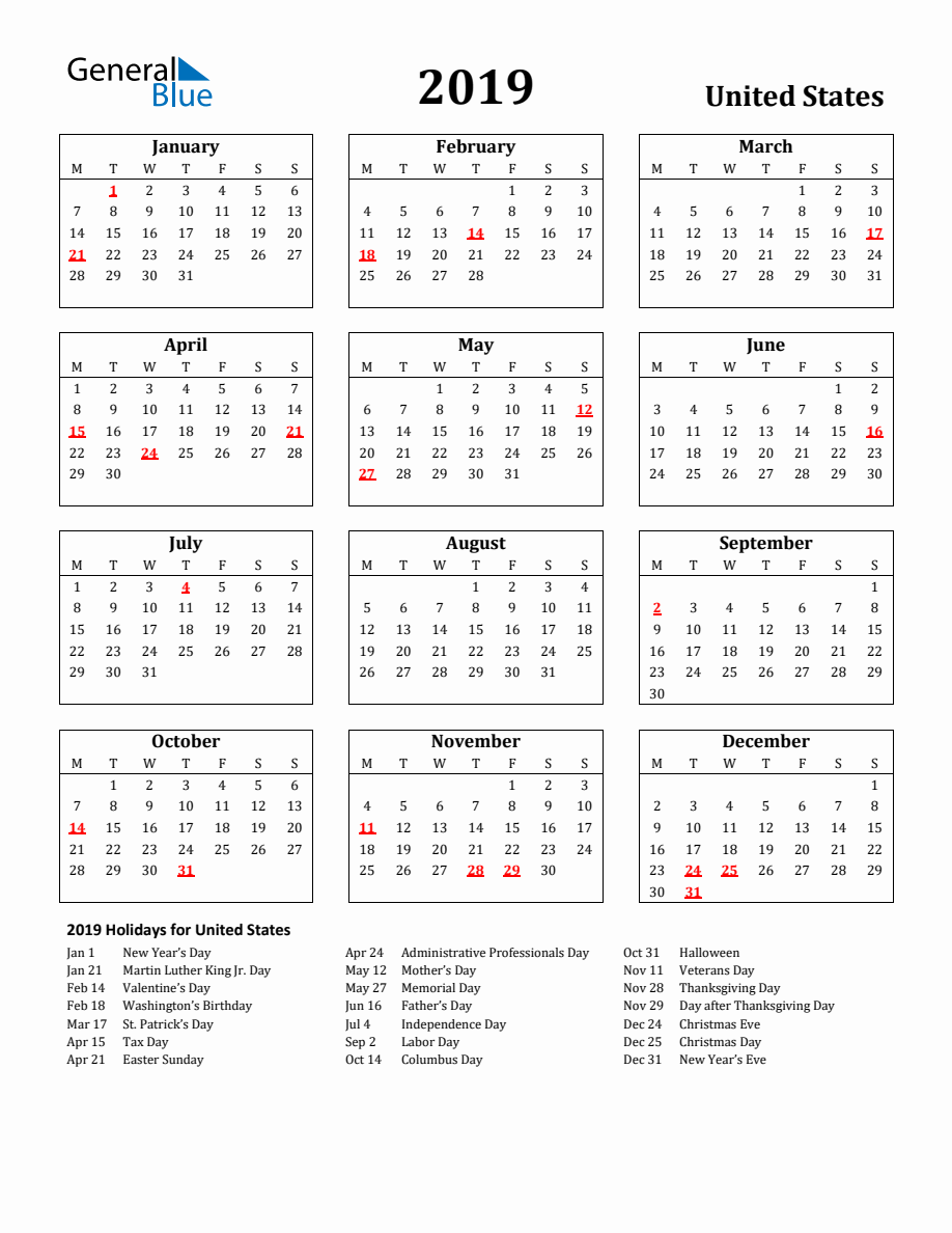 Free Printable 2019 United States Holiday Calendar