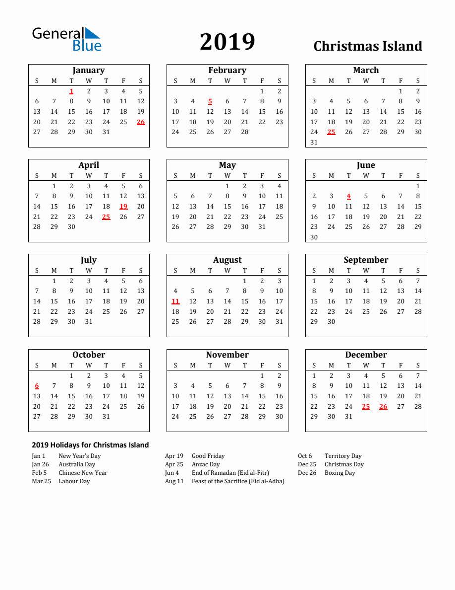 Free Printable 2019 Christmas Island Holiday Calendar