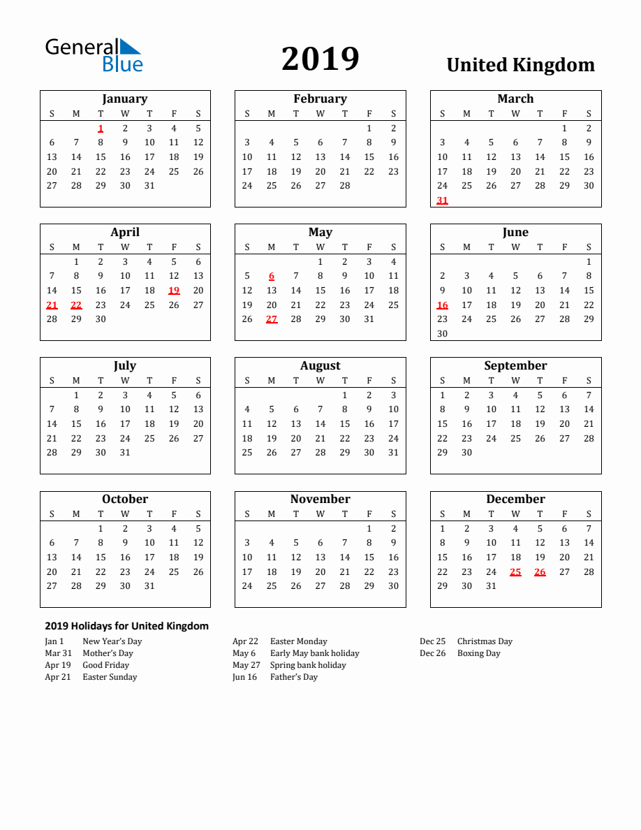 Free Printable 2019 United Kingdom Holiday Calendar