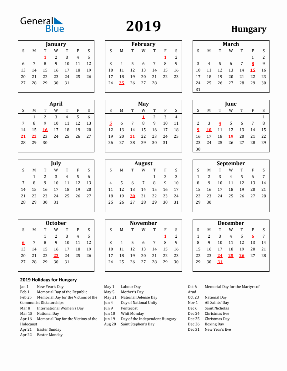 Free Printable 2019 Hungary Holiday Calendar