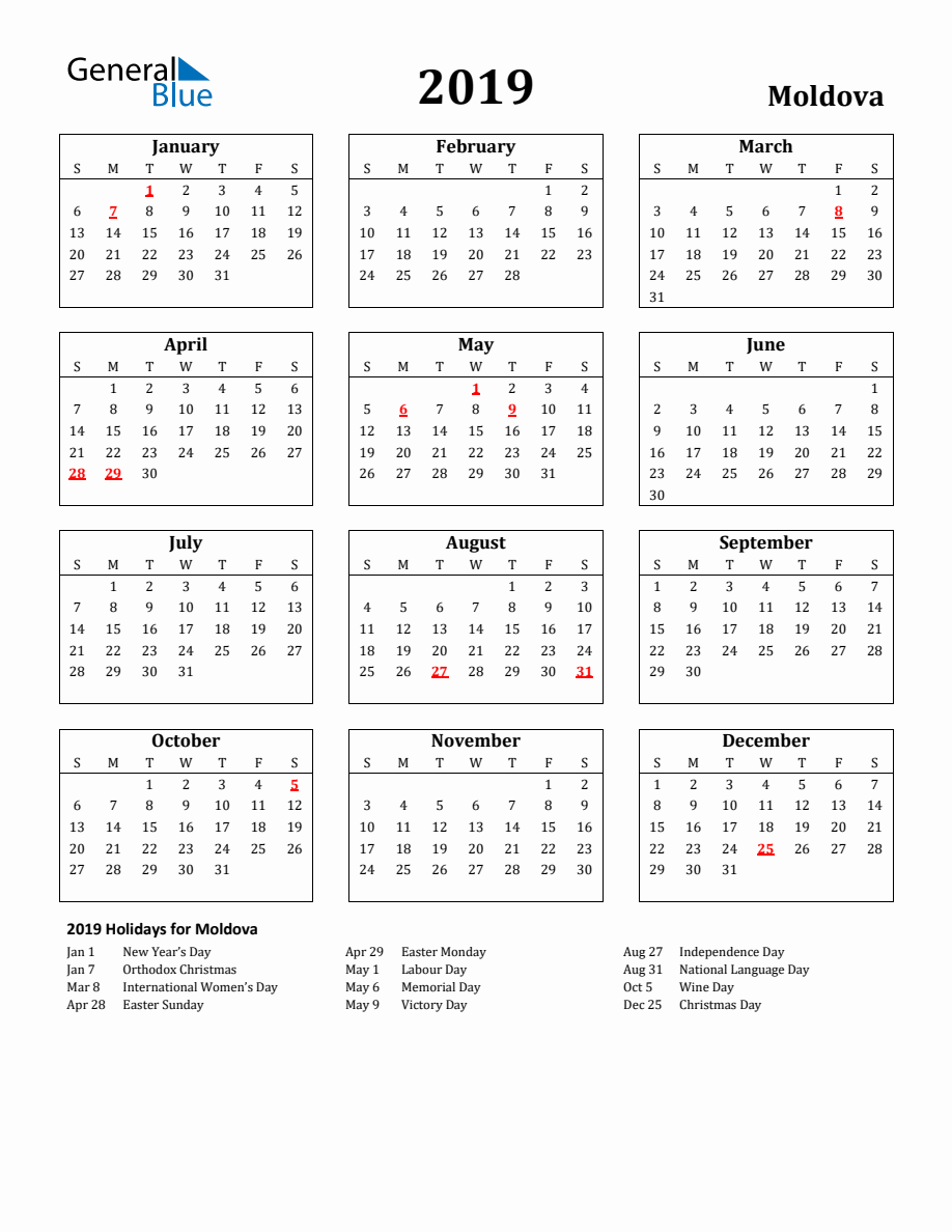 Free Printable 2019 Moldova Holiday Calendar