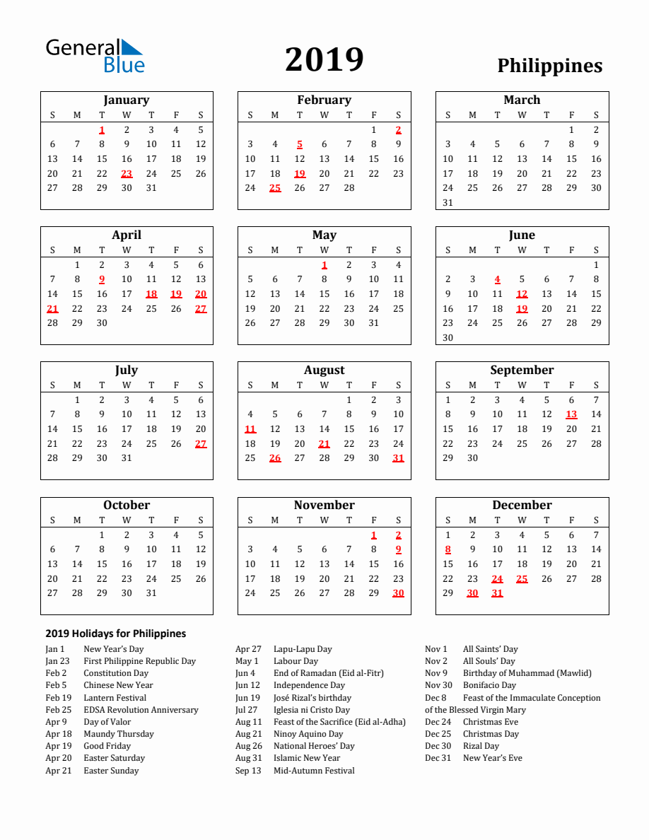 Free Printable 2019 Philippines Holiday Calendar