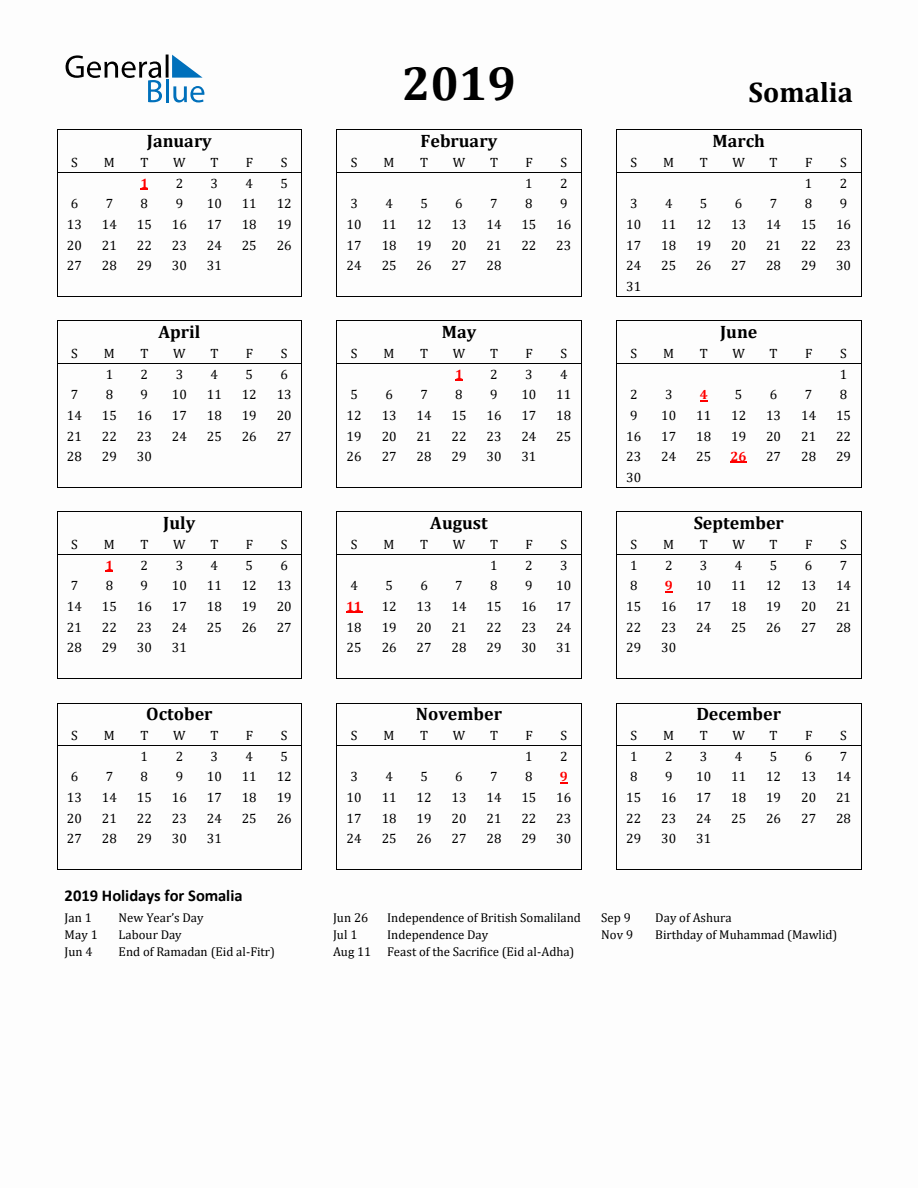 Free Printable 2019 Somalia Holiday Calendar